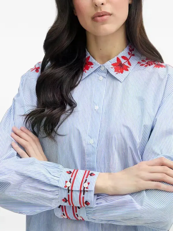 MOS MOSH Floral-embroidered Striped Shirt