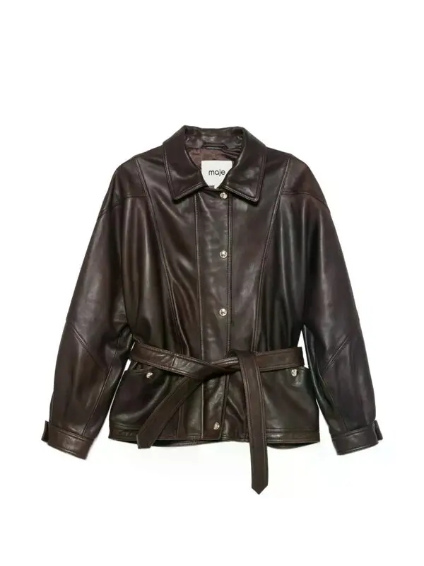 Maje Belted Leather Jacket - Brown