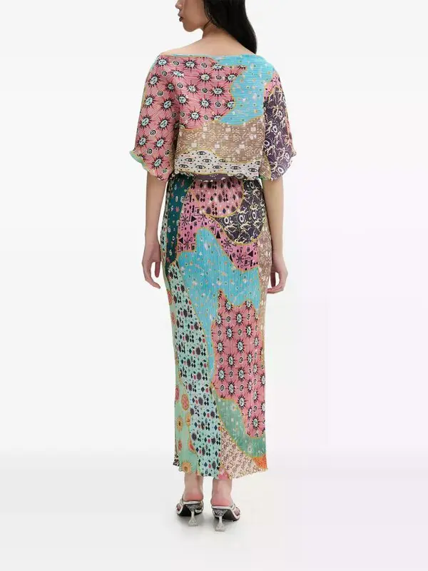NEVER FULLY DRESSED Plissé Patchwork-print Midi Dress