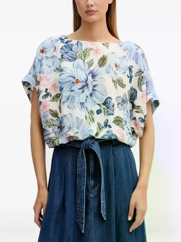 OUI Floral-print Boat-neck Top
