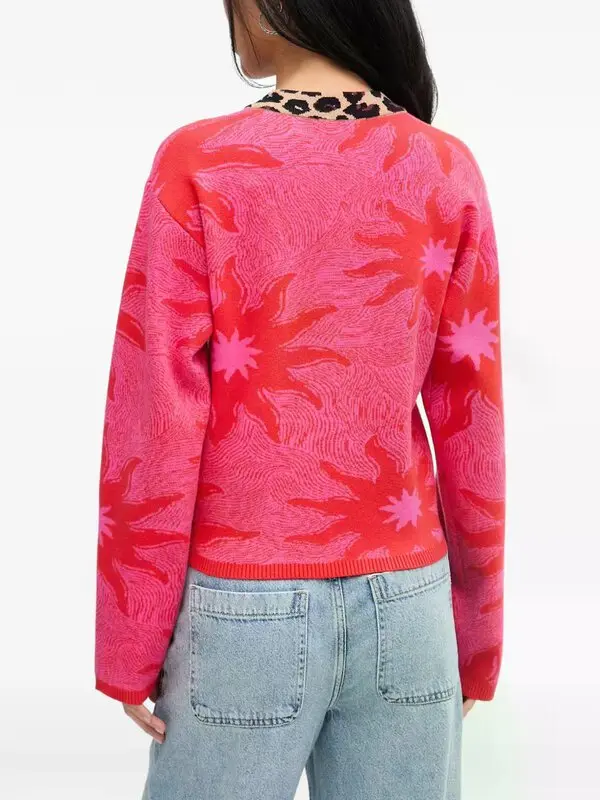 NEVER FULLY DRESSED Leopard-trim Floral-intarsia Cardigan