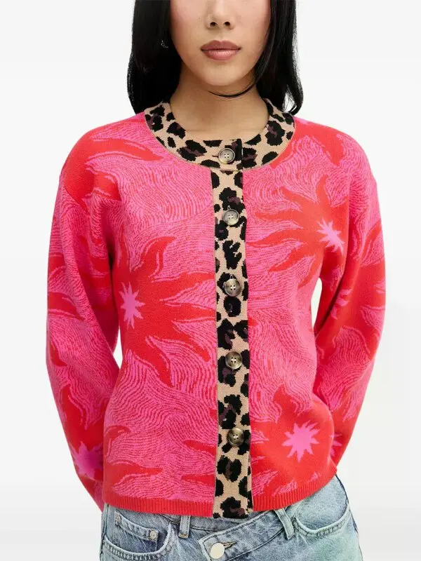 NEVER FULLY DRESSED Leopard-trim Floral-intarsia Cardigan