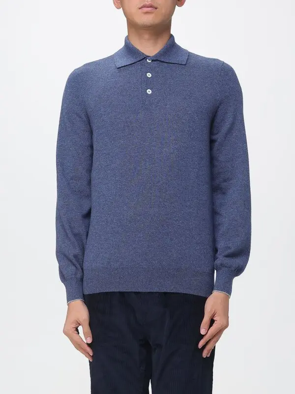 Brunello Cucinelli Pure Cashmere Long-sleeved Polo With Ribbed Collar - Blue