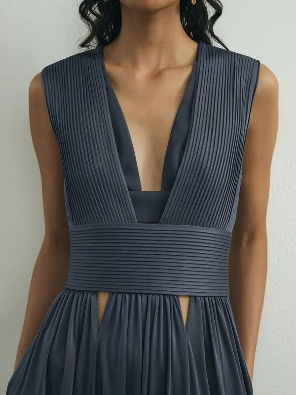 ATELIER Pleated Plunge-neck Maxi Dress - Teal