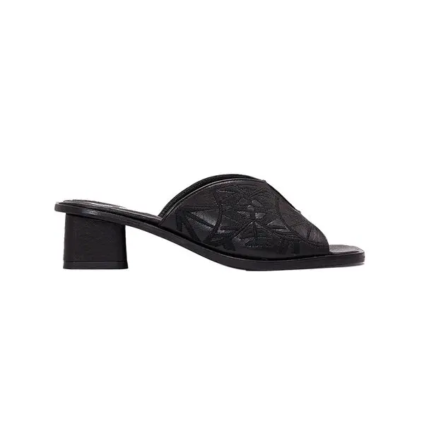 CLARA BARCELO Mid-heel Embroidered Slide Sandals - Black