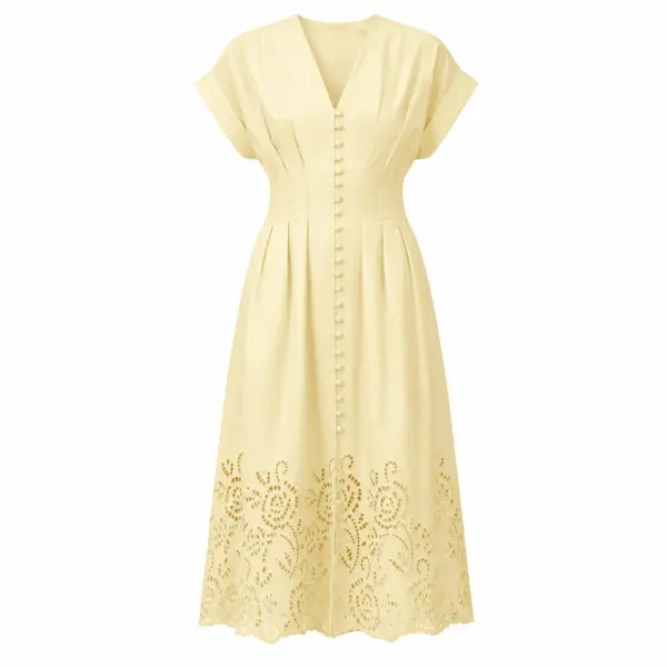 EXQUISE Emrick V Neck Short Sleeve Midi Dress - Yellow