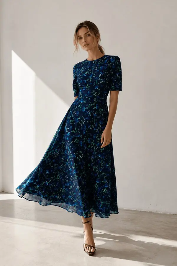 POST MERIDIEM Navy Short Sleeve Floral Midi Dress