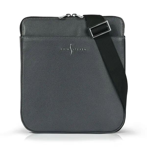 LUIS STEVEN Sporty Messenger Pebble Leather Bag - Grey