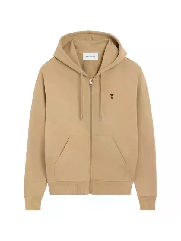 AMI Paris Zipped Cotton Hoodie With De Coeur Embroidery - Neutrals