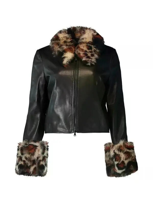 SUSAN BENDER Leopard-trim Leather Jacket