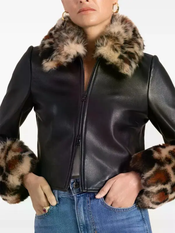 SUSAN BENDER Leopard-trim Leather Jacket
