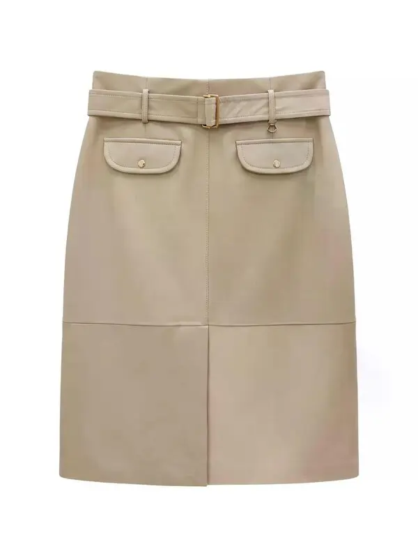 Moncler Belted Leather Midi Skirt - Neutrals