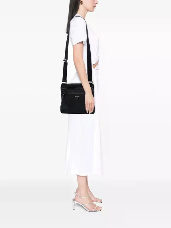 Prada 2013-2026 Saffiano Trimmed Tessuto Zip Top Crossbody Bag - Black