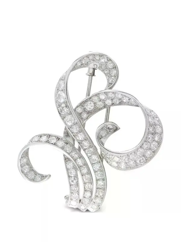LB EXCLUSIVE 18kt White Gold Diamond Swirling Ribbon Brooch - Silver