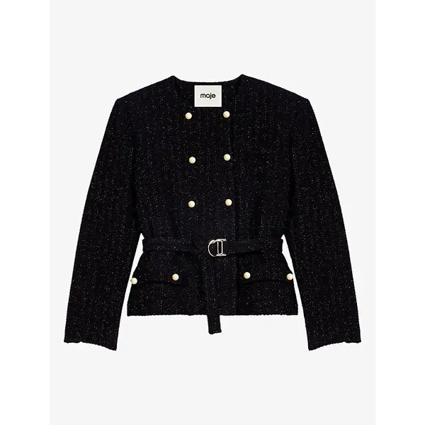 Maje Belted-waist Double-breasted Woven Jacket - Black