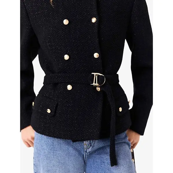 Maje Belted-waist Double-breasted Woven Jacket