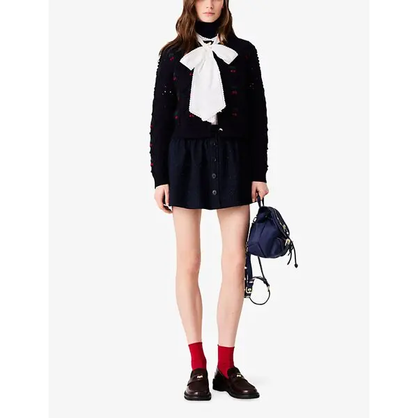 Maje Cherry-embroidered Bobble-knit Wool Cardigan