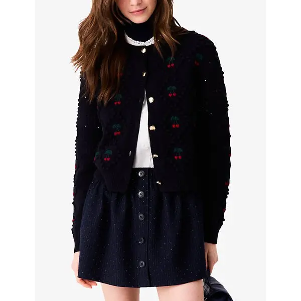 Maje Cherry-embroidered Bobble-knit Wool Cardigan
