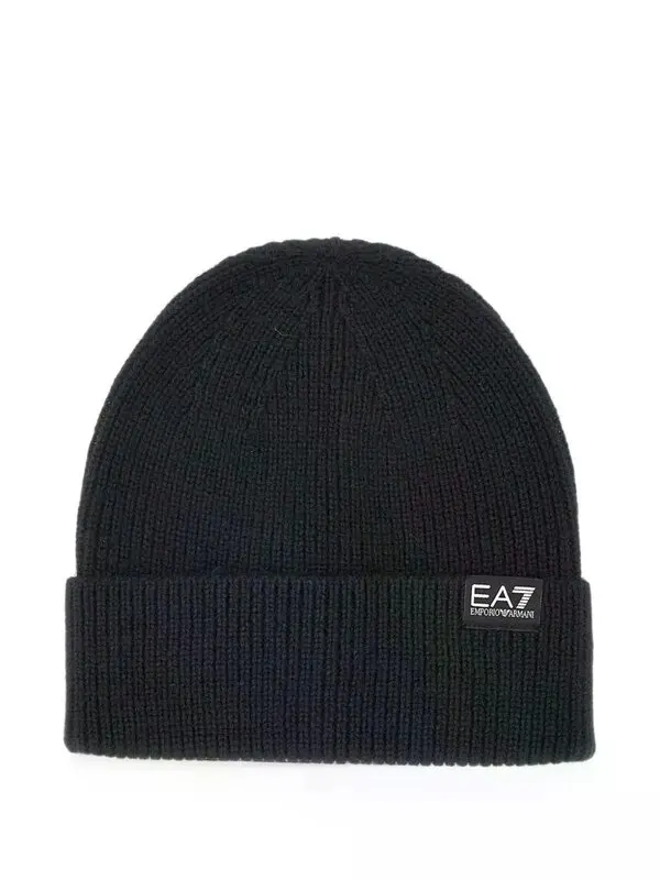 EA7 Ribbed Knit Beanie Hat With Logo Patch