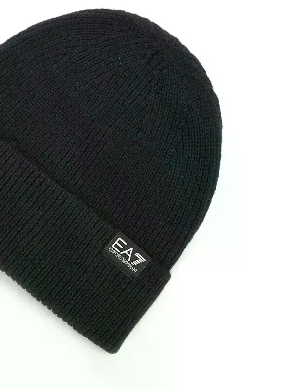 EA7 Ribbed Knit Beanie Hat With Logo Patch