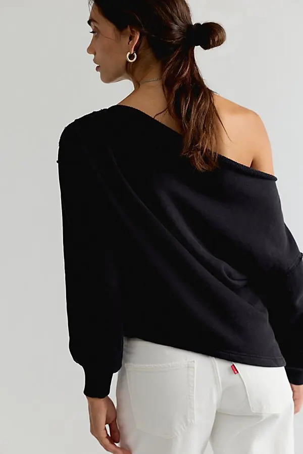 Free People Asymmetrical Boatneck Sweatshirt - Black