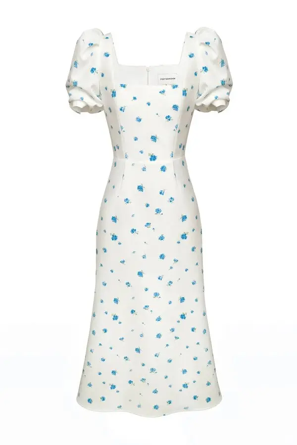 POST MERIDIEM Godet Silhouette Square Neck Midi Dress - Blue