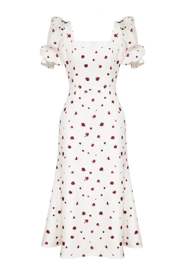 POST MERIDIEM Printed Godet Silhouette Square Neck Midi Dress - White