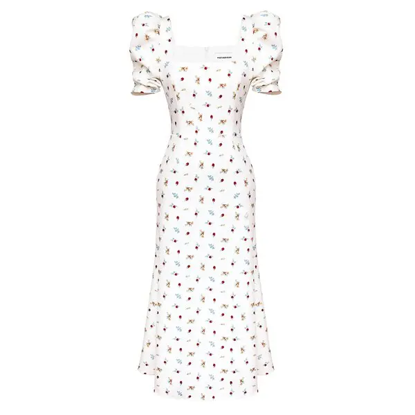 POST MERIDIEM Berry Print Godet Silhouette Square Neck Midi Dress - White