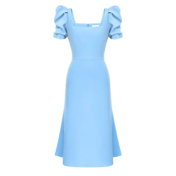 POST MERIDIEM Light Godet Silhouette Square Neck Midi Dress - Blue
