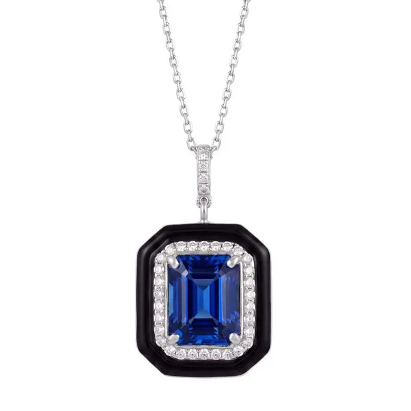 LATELITA London Art Deco Sapphire & Enamel Pendant Necklace In Sterling Silver - Black/blue/white