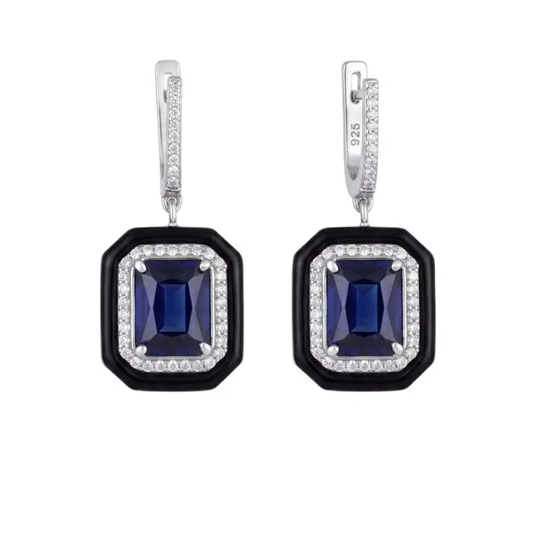 LATELITA Art Deco Enamel & Sapphire Drop Earrings In Sterling Silver - Black/blue/white