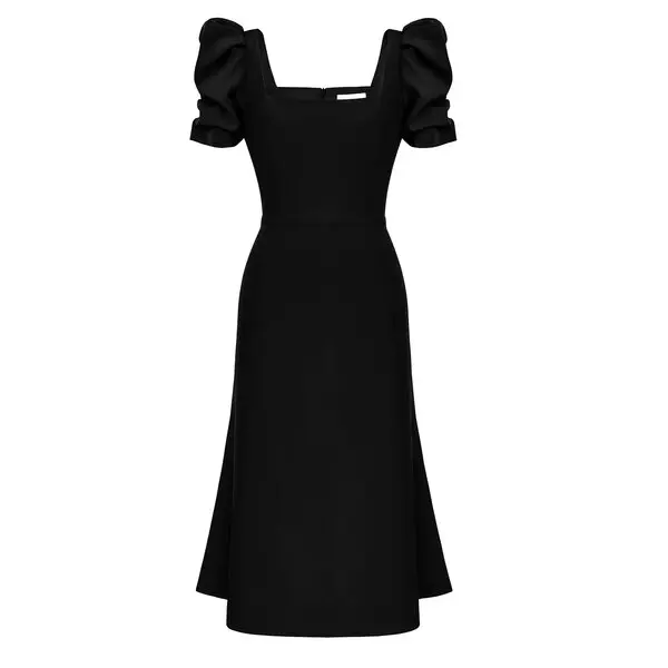 POST MERIDIEM Godet Silhouette Square Neck Midi Dress - Black