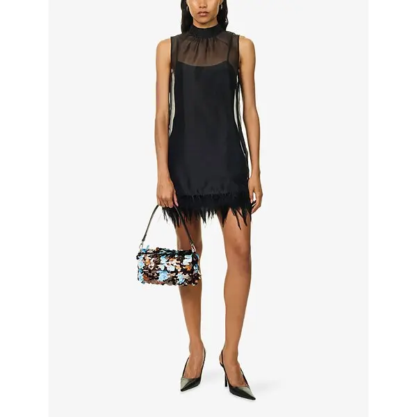 Staud Albee Organza Mini Dress With Feather Trim