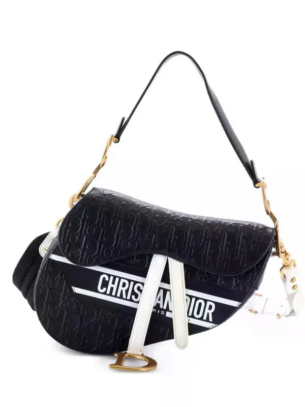 Dior Saddle Handbag Oblique Embossed Calfskin Medium Shoulder Bag - Black