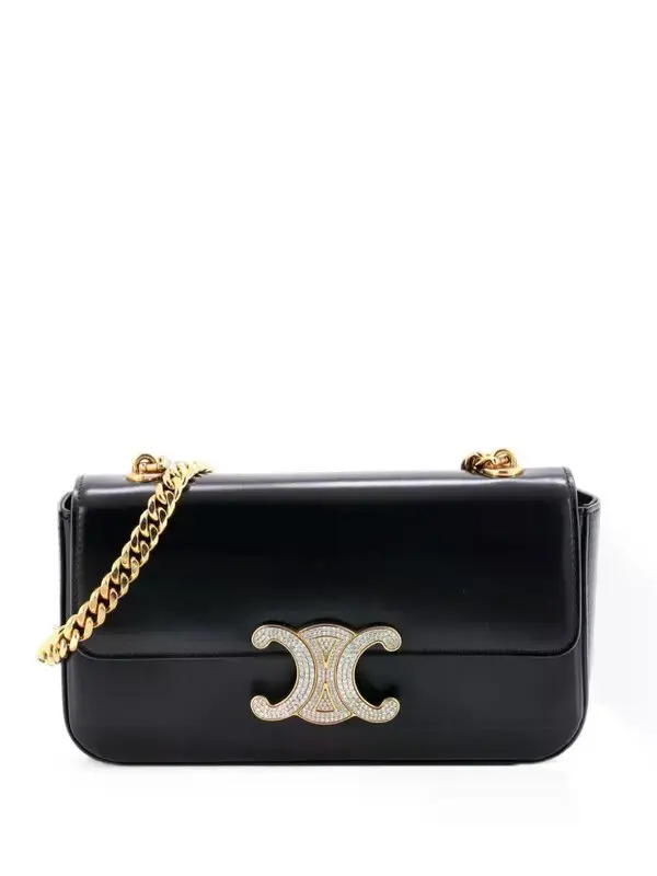 Celine Triomphe Chain Leather With Crystal Detail Shoulder Bag - Black
