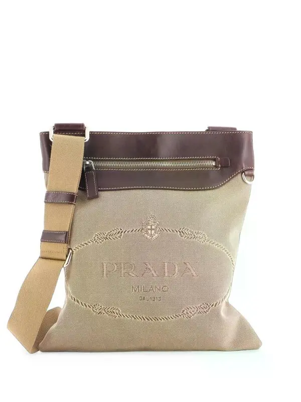 Prada Logo Messenger Bag Canvas With Leather Medium Crossbody Bag - Brown