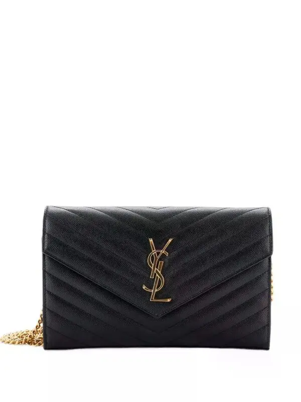 Saint Laurent Classic Monogram Wallet On Chain Matelasse Chevron Leather Medium Crossbody Bag - Black