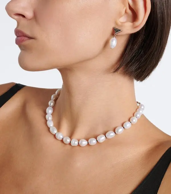 Prada Logo Pearl Drop Earrings