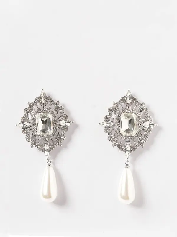 SELF-PORTRAIT Brass Drop Earrings With Rhinestones And Faux Pearls - Silver