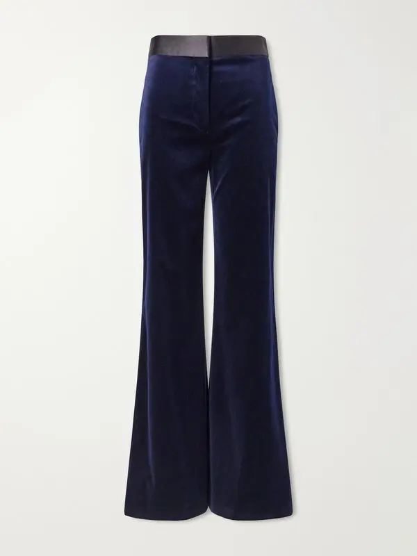 Victoria Beckham Alina Satin-trimmed Cotton-blend Velvet Flared Pants - Blue