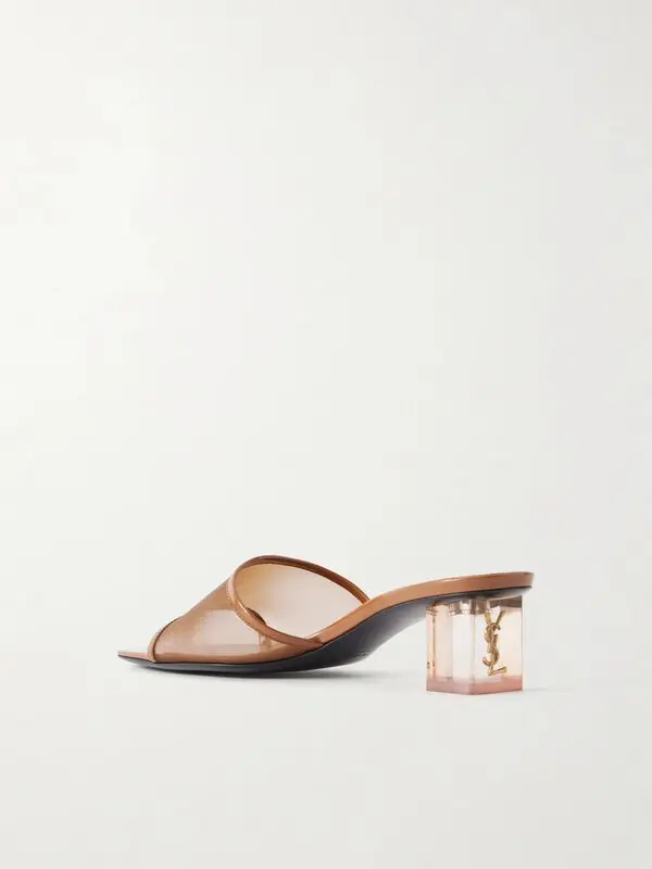 Saint Laurent Sip 45 Cassandre-embellished Patent Leather Trimmed Mesh Mules