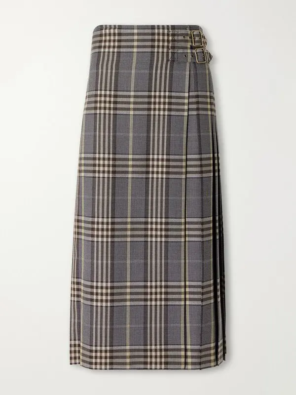 Burberry Pleated Checked Wool Midi Skirt