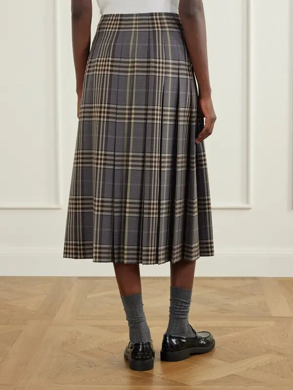 Burberry Pleated Checked Wool Midi Skirt