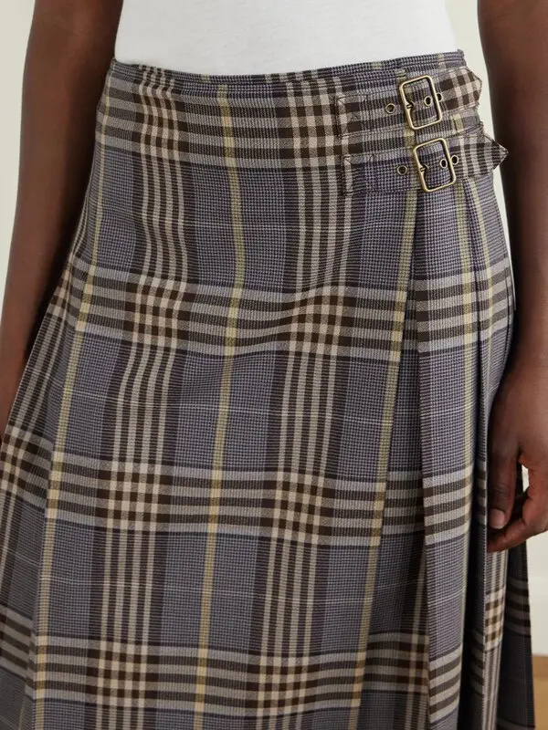 Burberry Pleated Checked Wool Midi Skirt