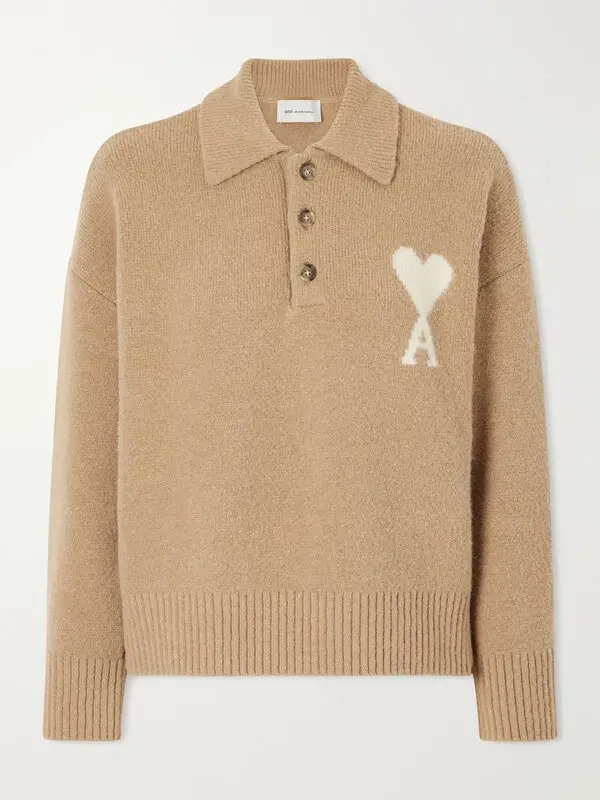 AMI Paris Logo-embroidered Wool-blend Polo Shirt