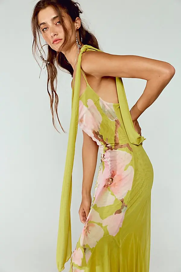 SAEMDI Floral Print Slip Midi Dress - Olive