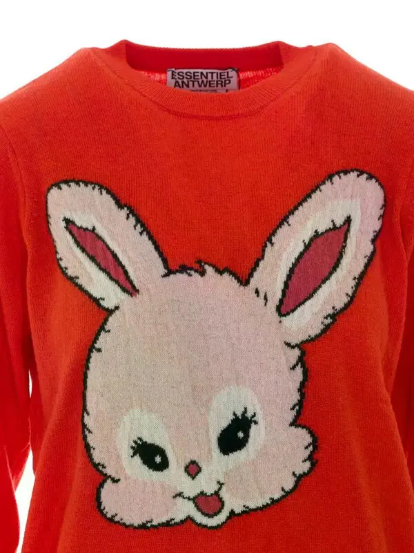 Essentiel Antwerp Embroidered Rabbit Motif Crew Neck Sweater - Red