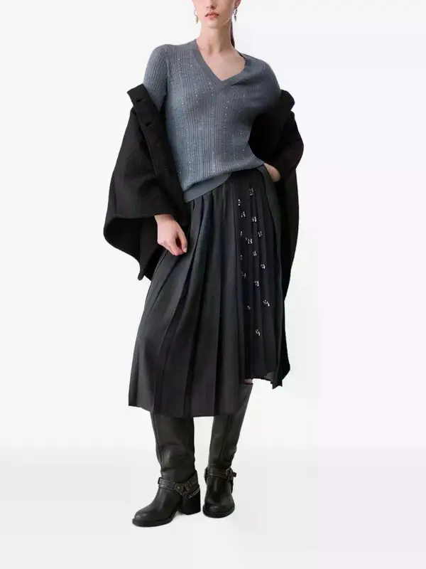 Liu Jo Ribbed Wool V-neck Jumper With Rhinestones