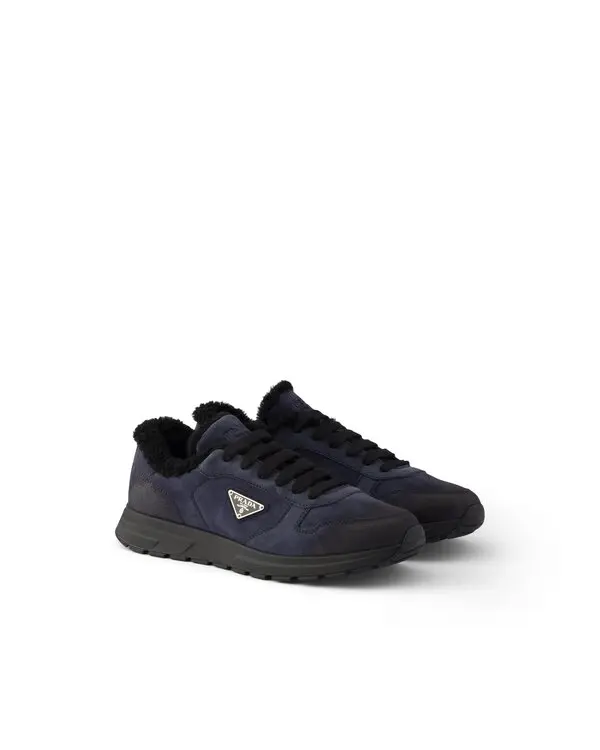Prada Aged Suede Lace-up Sneakers With Shearling Lining