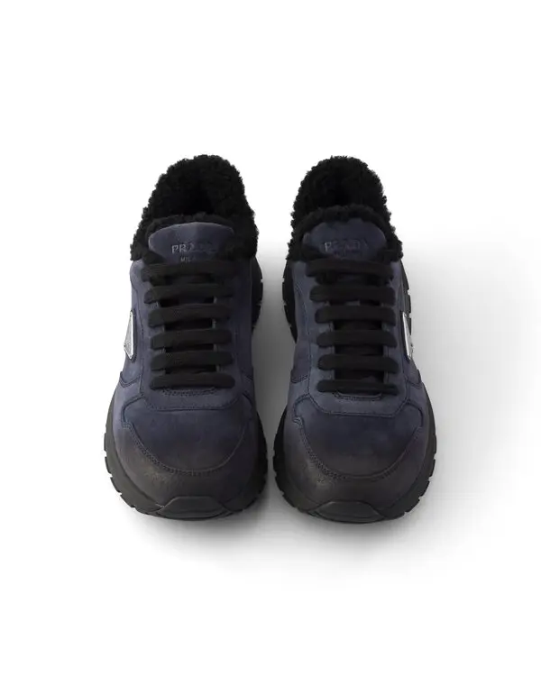 Prada Aged Suede Lace-up Sneakers With Shearling Lining